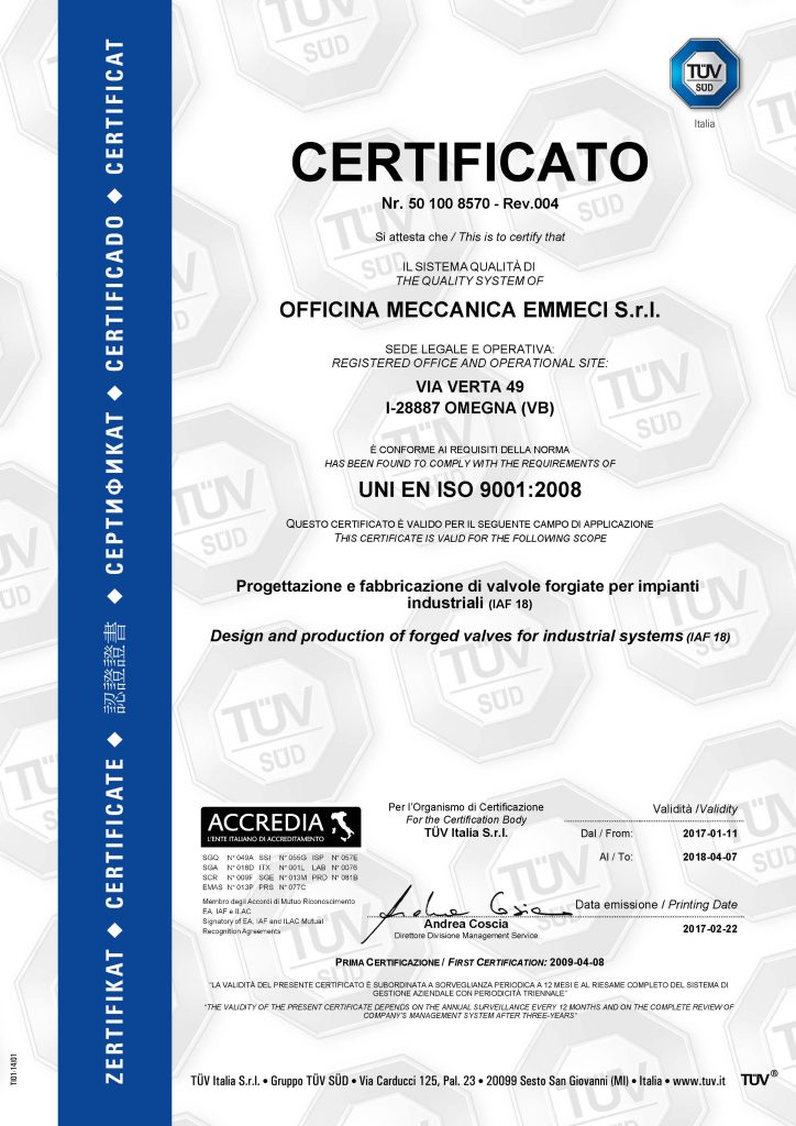 CERTIFICATO ISO 9001 | EMMECI BALL VALVES